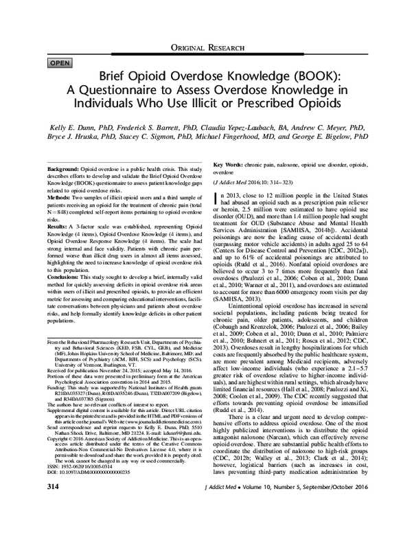 (PDF) Brief Opioid Overdose Knowledge (BOOK): A Questionnaire to Assess ...