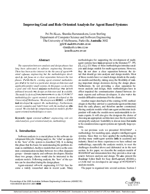 (PDF) Improving Goal and Role Oriented Analysis for Agent Based Systems | Leon Sterling ...