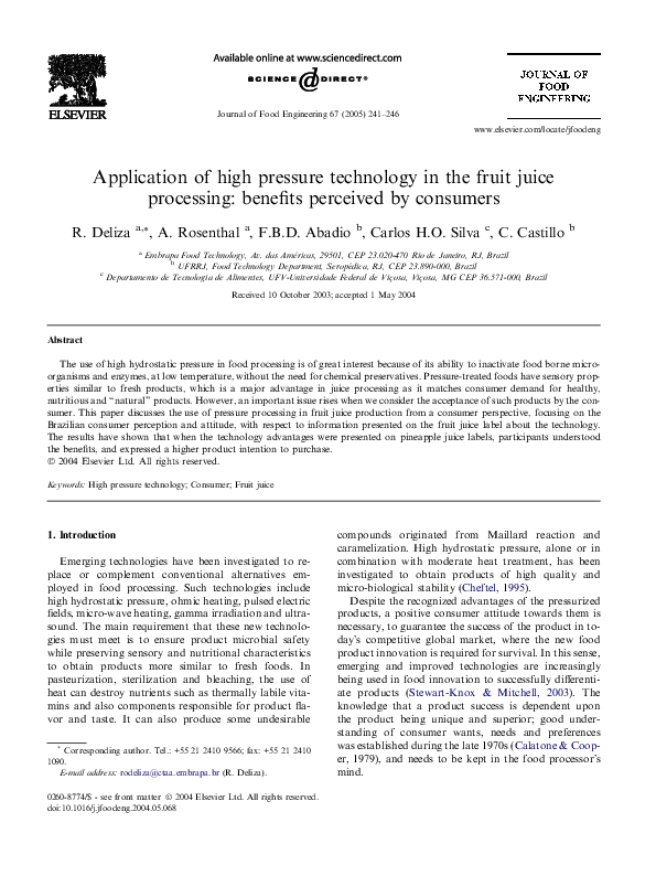 (PDF) Application of high pressure technology in the fruit juice processing: benefits perceived ...