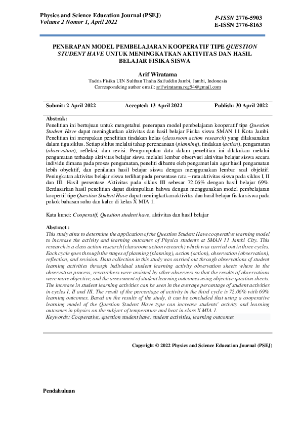 (PDF) Penerapan Model Pembelajaran Kooperatif Tipe Question Student Have Untuk Meningkatkan ...