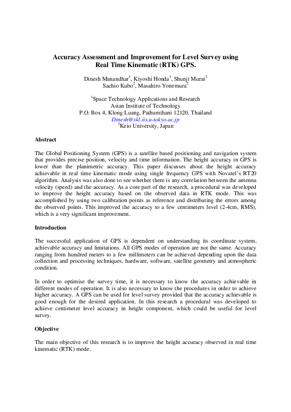 (PDF) Accuracy assessment and improvement for level survey using real time kinematic (RTK) GPS