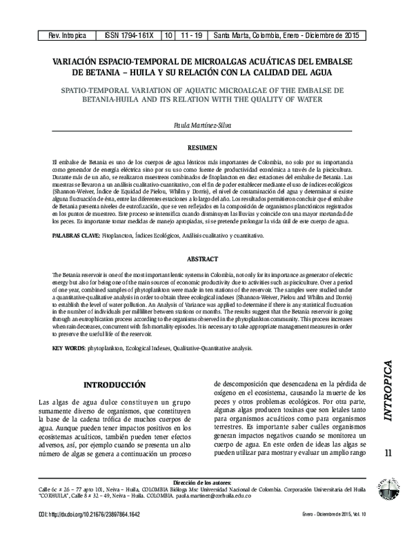 (PDF) Variación espacio-temporal de microalgas acuáticas del embalse de Betania – Huila y su ...