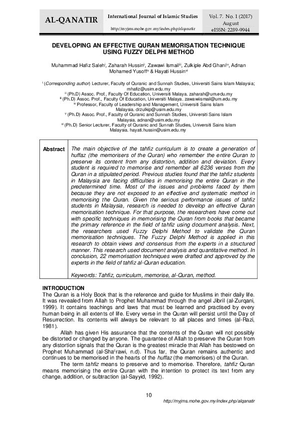 (PDF) Developing An Effective Quran Memorisation Technique Using Fuzzy Delphi Method