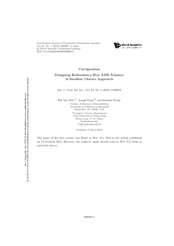 (PDF) Corrigendum: "Designing Redundancy-Free XML Schema : A Smallest Closure Approach | Wai Mok ...