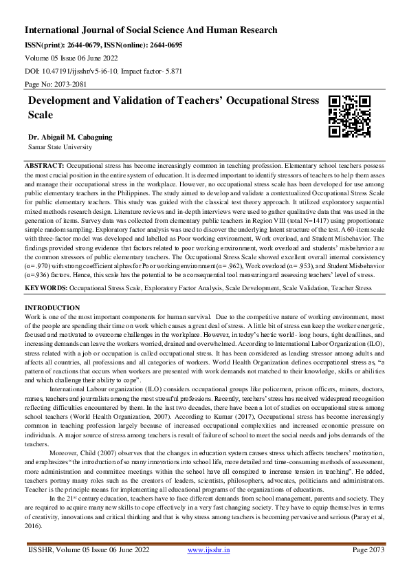 (PDF) Development and Validation of Teachers’ Occupational Stress Scale