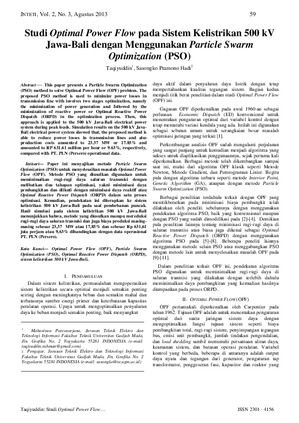 (PDF) Studi Optimal Power Flow pada Sistem Kelistrikan 500 kV Jawa-Bali dengan Menggunakan ...