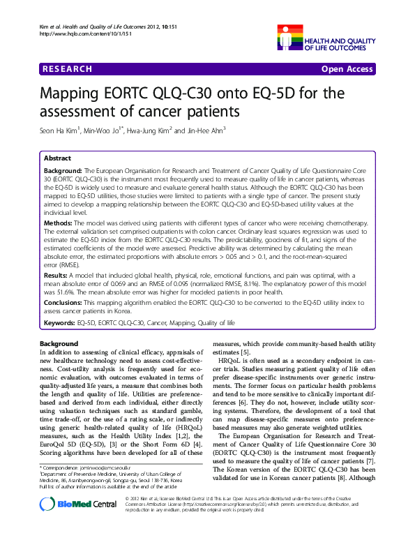 (PDF) Mapping EORTC QLQ-C30 onto EQ-5D for the assessment of cancer patients | Hwa Kim ...