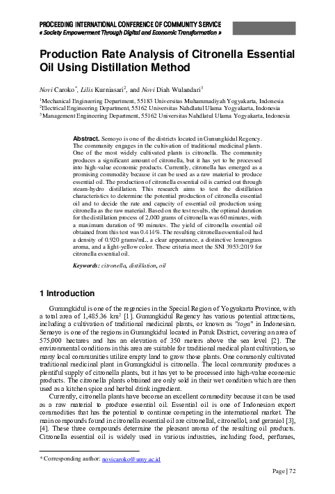 (PDF) Production Rate Analysis of Citronella Essential Oil Using Distillation Method