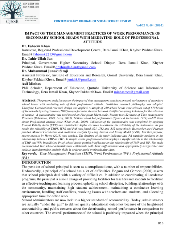 (PDF) Impact of time management practices on work performance of ...