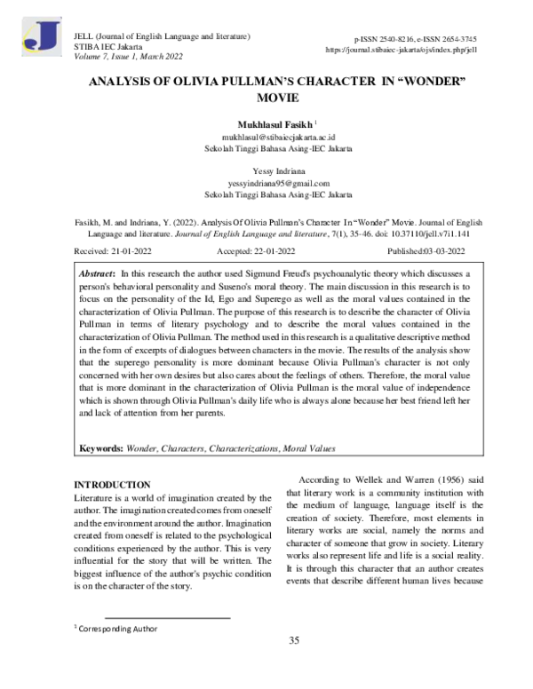 (PDF) Analysis of Olivia Pullman’s Character in “Wonder” Movie