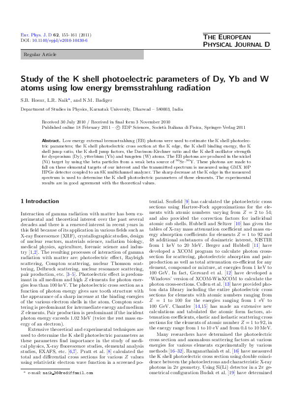 (PDF) Study of the K shell photoelectric parameters of Dy, Yb and W ...