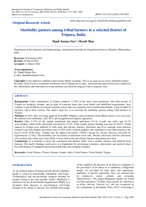(PDF) Morbidity pattern among tribal farmers in a selected district of ...