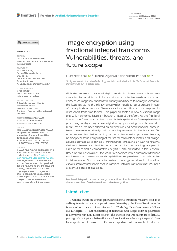 Pdf Image Encryption Using Fractional Integral Transforms