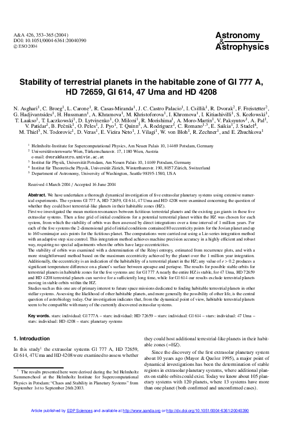 (PDF) Stability of terrestrial planets in the habitable zone of Gl 777 ...