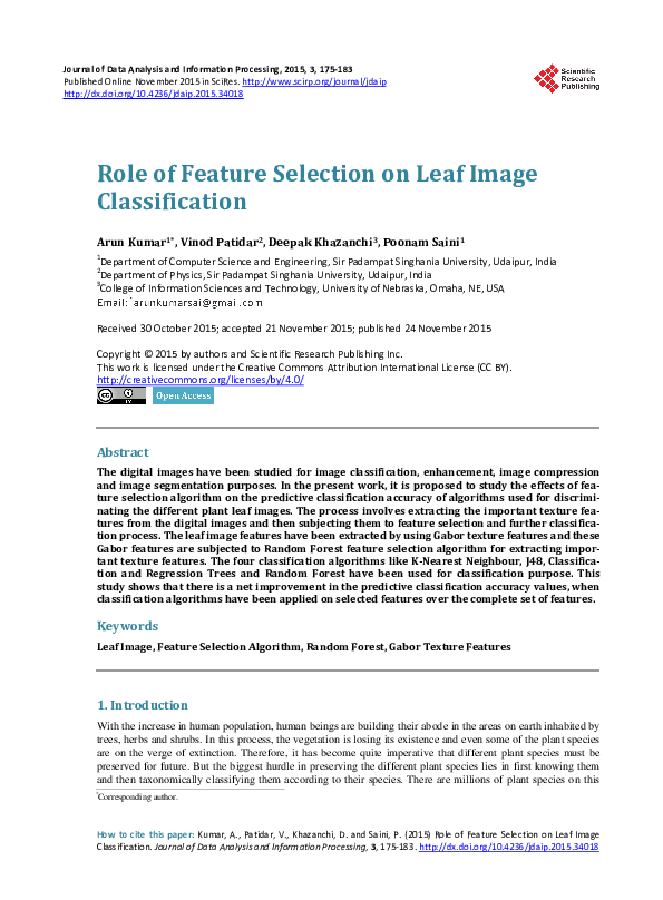 Pdf Role Of Feature Selection On Leaf Image Classification