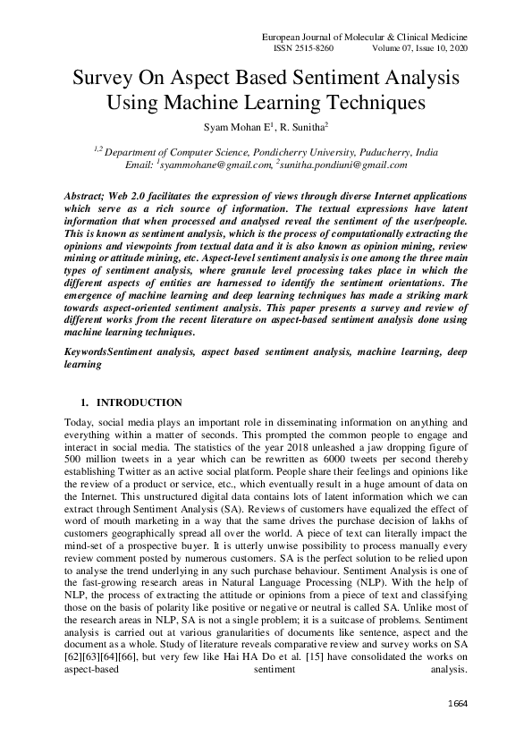 (PDF) Survey On Aspect Based Sentiment Analysis Using Machine Learning Techniques