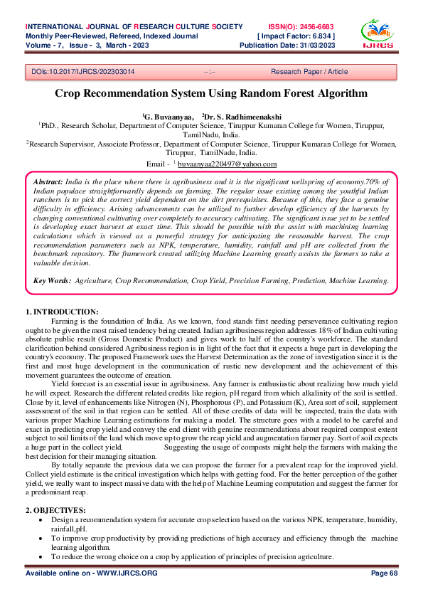 (PDF) Crop Recommendation System Using Random Forest Algorithm
