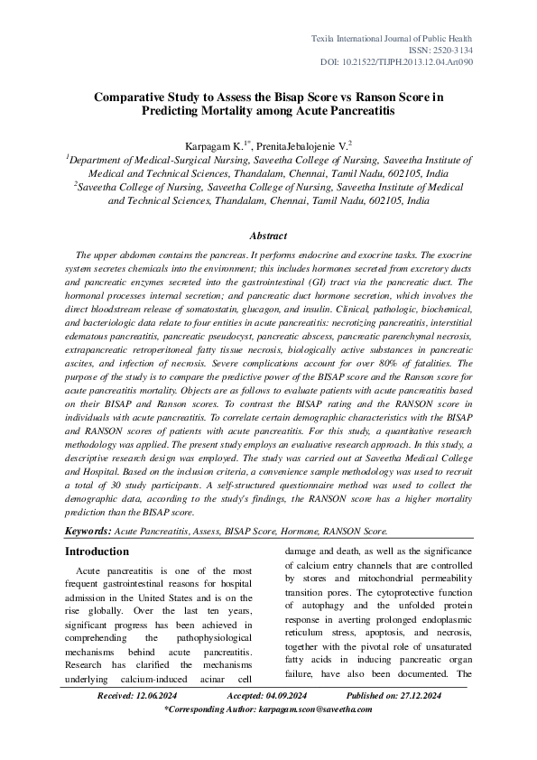 (PDF) Comparative Study to Assess the Bisap Score vs Ranson Score in ...