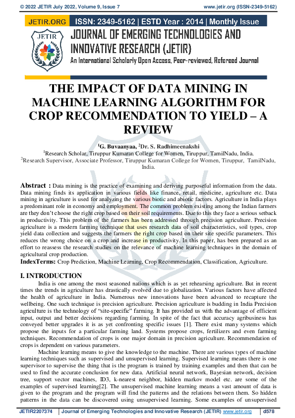 (PDF) THE IMPACT OF DATA MINING IN MACHINE LEARNING ALGORITHM FOR CROP RECOMMENDATION TO YIELD ...