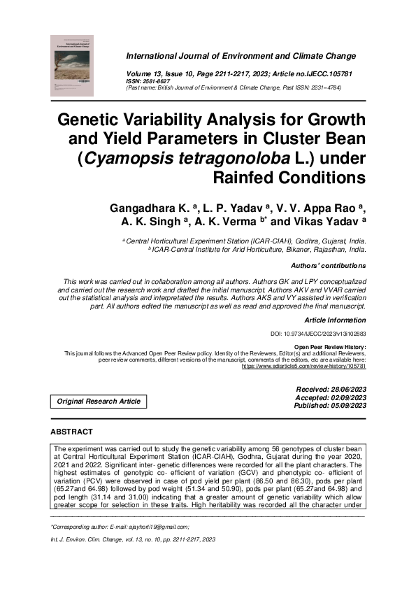(PDF) Genetic Variability Analysis for Growth and Yield Parameters in Cluster Bean (Cyamopsis ...