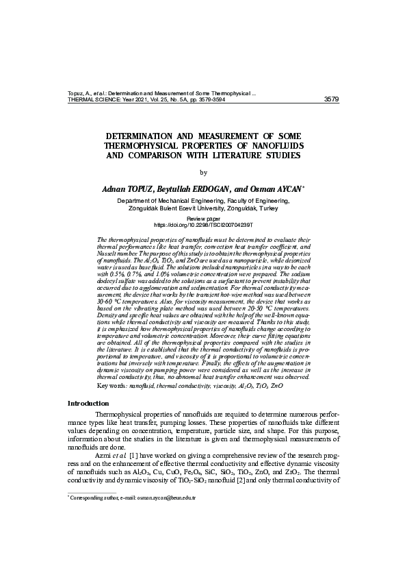 (PDF) Determination and measurement of some thermophysical properties of nanofluids and ...