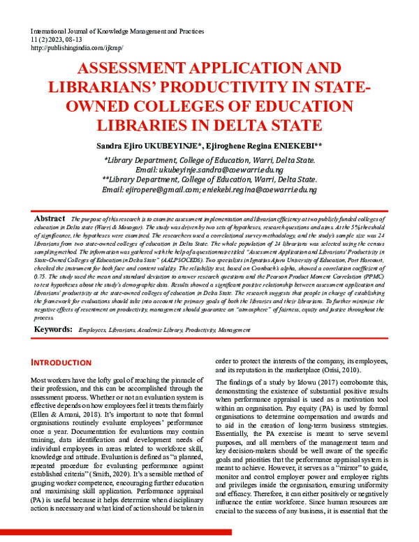 (PDF) Assessment Application and Librarians Productivity in State-Owned ...