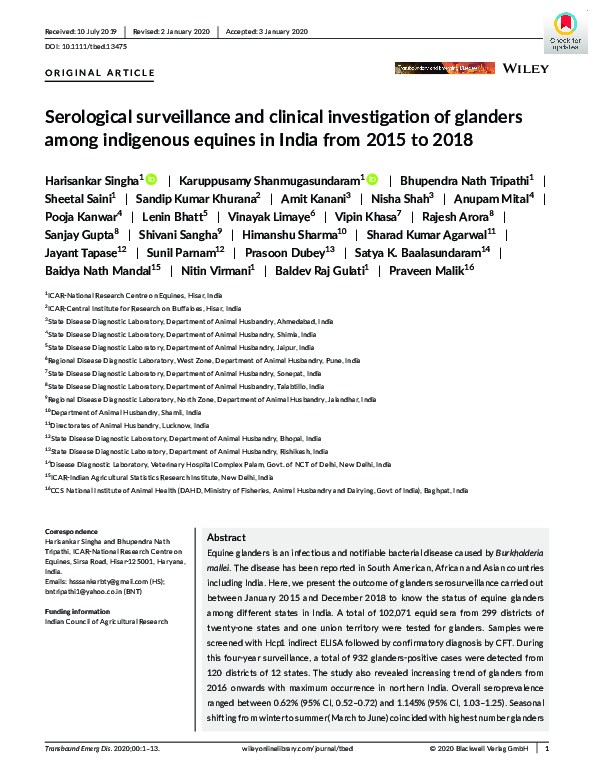 (PDF) Serological surveillance and clinical investigation of glanders among indigenous equines ...