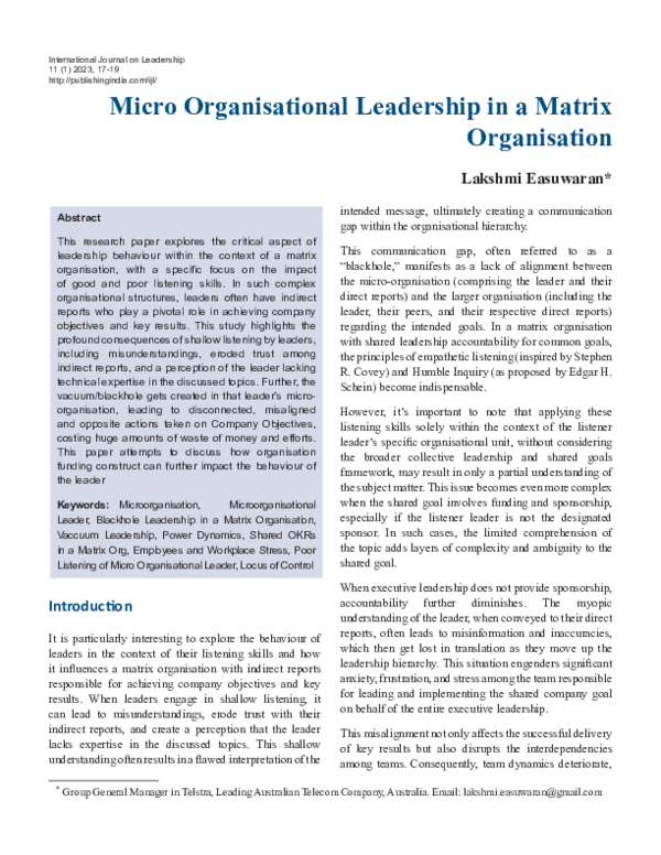 (PDF) Micro Organisational Leadership in a Matrix Organisation