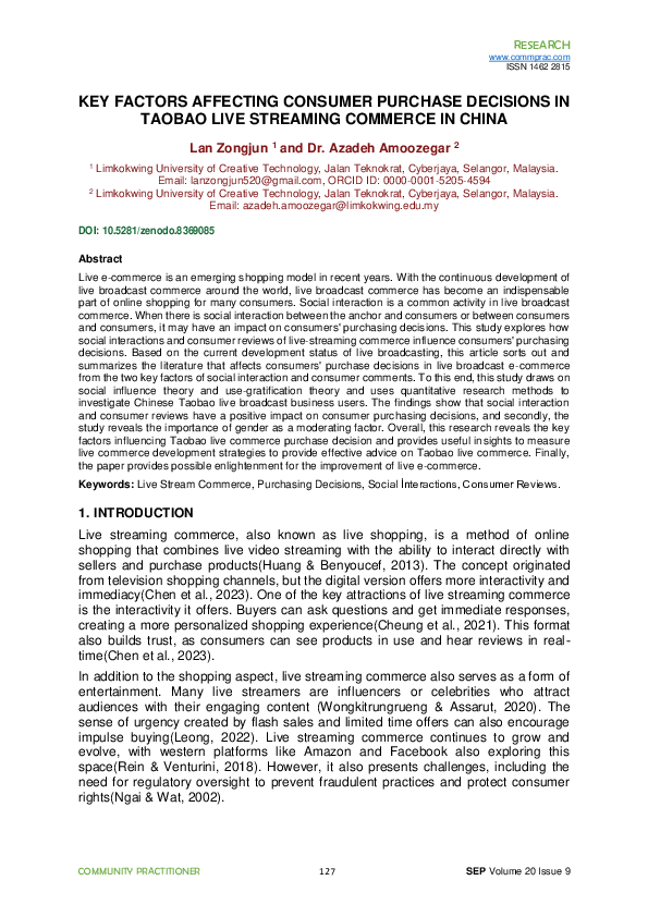 (PDF) Key Factors Affecting Consumer Purchase Decisions in Taobao Live Streaming Commerce in China