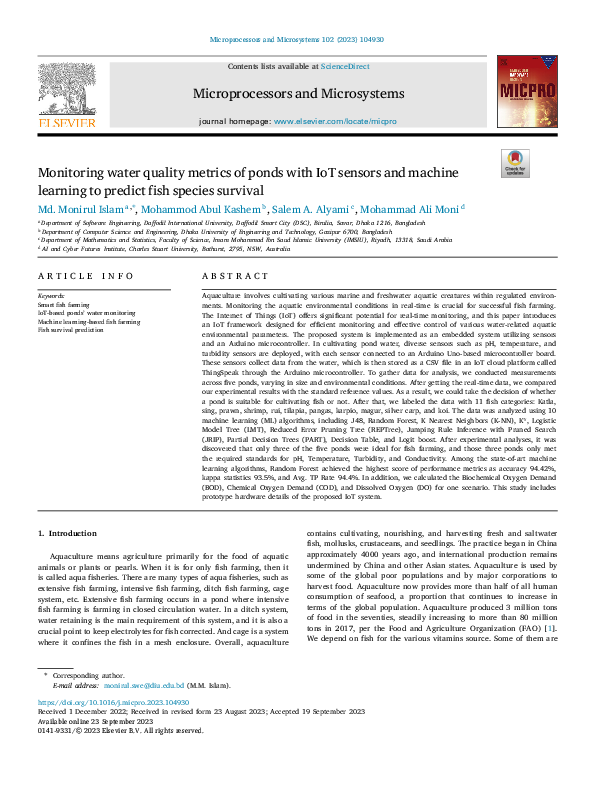 (PDF) Monitoring water quality metrics of ponds with IoT sensors and machine learning to predict ...