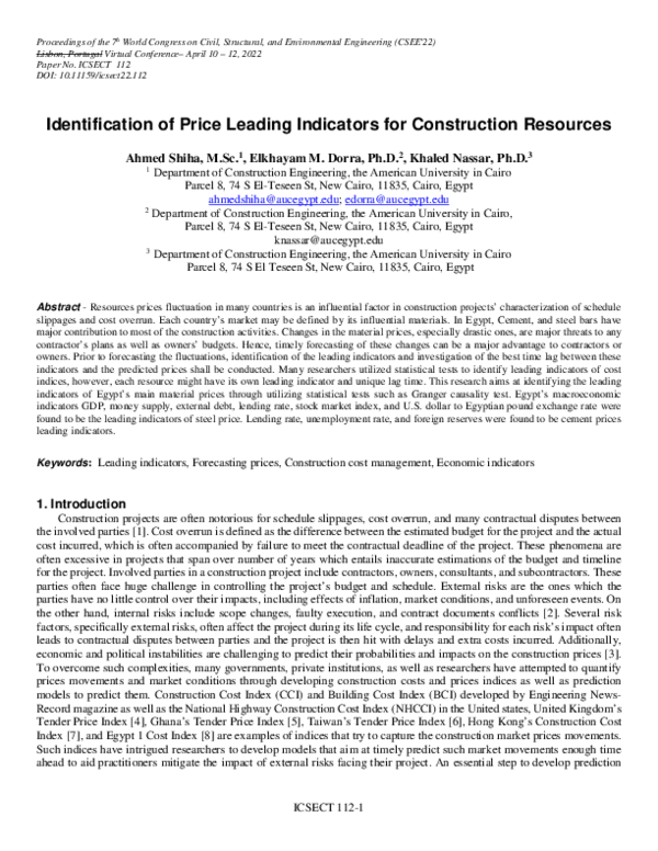 (PDF) Identification of Price Leading Indicators for Construction Resources