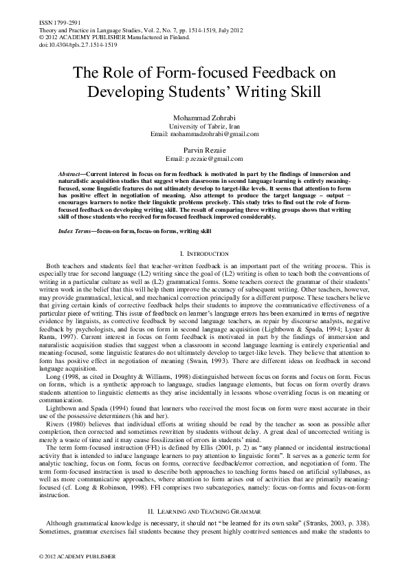 (PDF) The Role of Form-focused Feedback on Developing Students’ Writing Skill