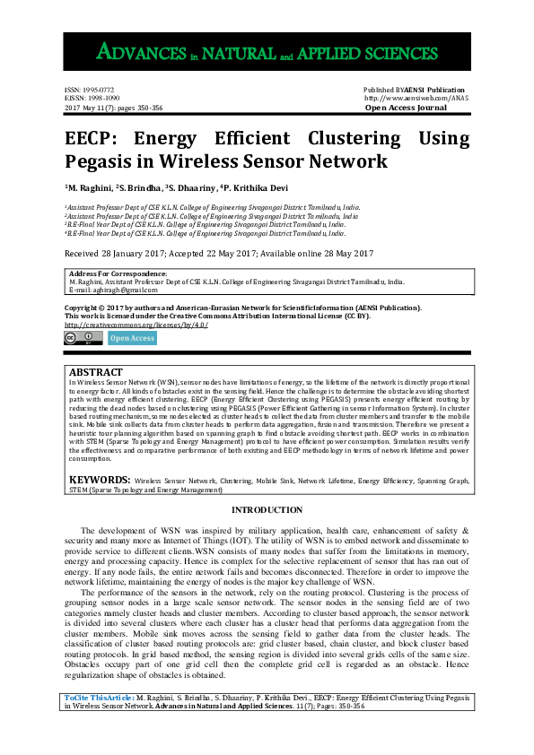 (PDF) EECP : Energy Efficient Clustering Using Pegasis in Wireless Sensor Network