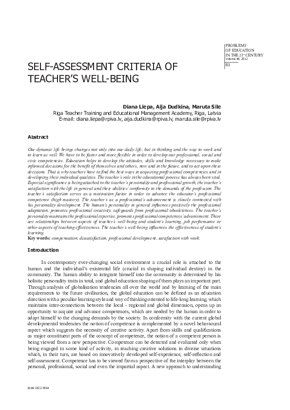 (PDF) Self-Assessment Criteria of Teacher’s Well-Being