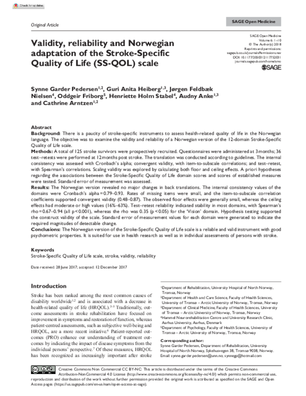(PDF) Validity, reliability and Norwegian adaptation of the Stroke-Specific Quality of Life (SS ...
