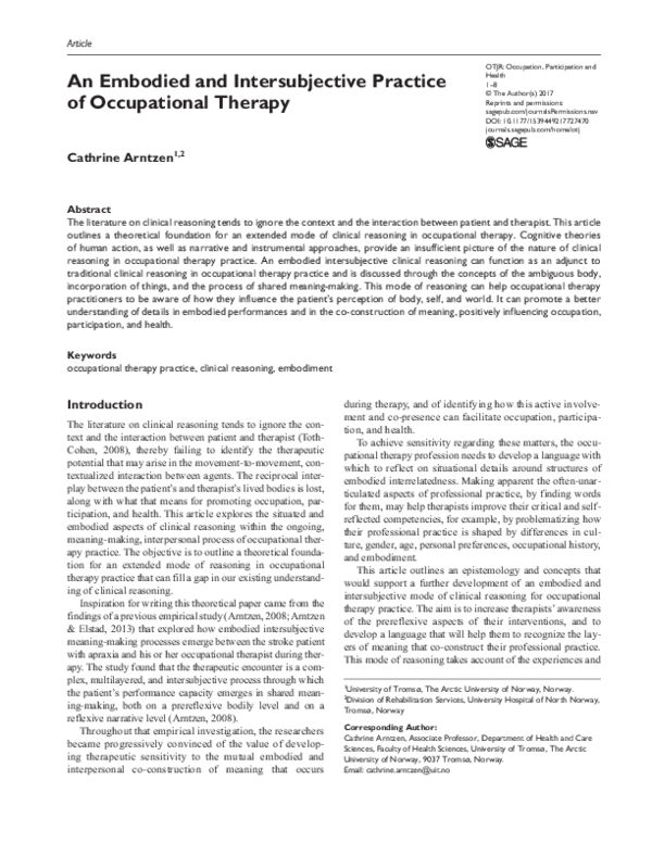 (PDF) An Embodied and Intersubjective Practice of Occupational Therapy