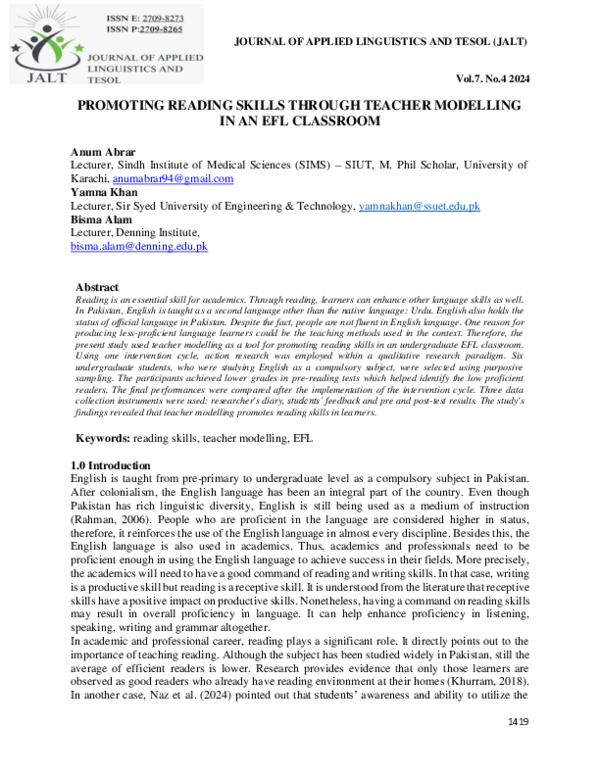 (PDF) PROMOTING READING SKILLS THROUGH TEACHER MODELLING IN AN EFL ...