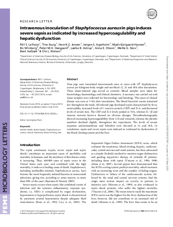 (PDF) Intravenous inoculation of Staphylococcus aureus in pigs induces ...