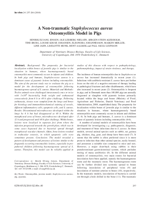 (PDF) A non-traumatic Staphylococcus aureus osteomyelitis model in pigs ...