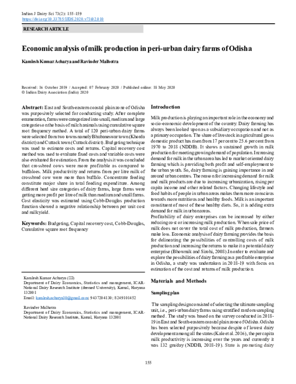 (PDF) Economic analysis of milk production in peri-urban dairy farms of ...