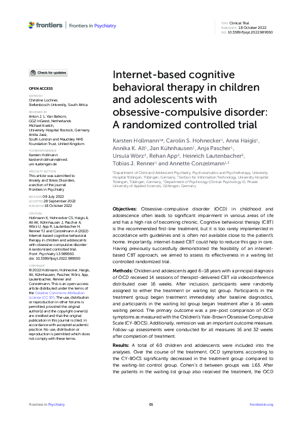 (PDF) Internet-based cognitive behavioral therapy in children and adolescents with obsessive ...