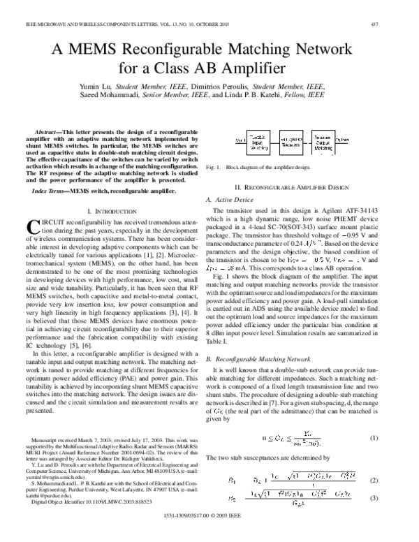 (PDF) A MEMS reconfigurable matching network for a class AB amplifier | saeed Mohammadi ...