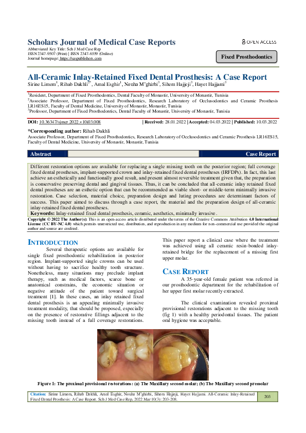 (PDF) All-Ceramic Inlay-Retained Fixed Dental Prosthesis: A Case Report