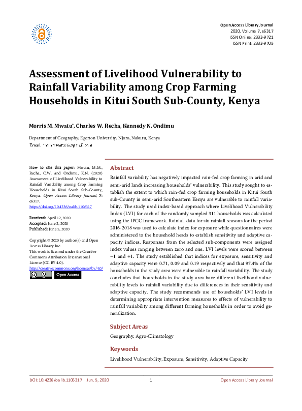 (PDF) Assessment of Livelihood Vulnerability to Rainfall Variability ...