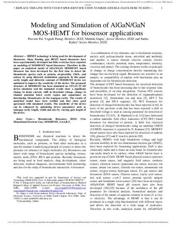 (PDF) AlGaN/GaN MOS-HEMT Biosensor Modeling