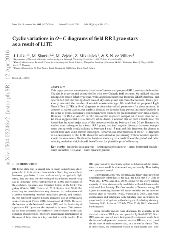 (PDF) Cyclic variations inO−Cdiagrams of field RR Lyrae stars as a ...