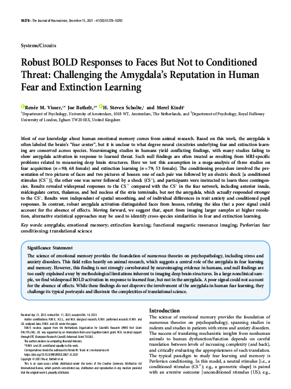 (PDF) Robust BOLD Responses to Faces But Not to Conditioned Threat ...