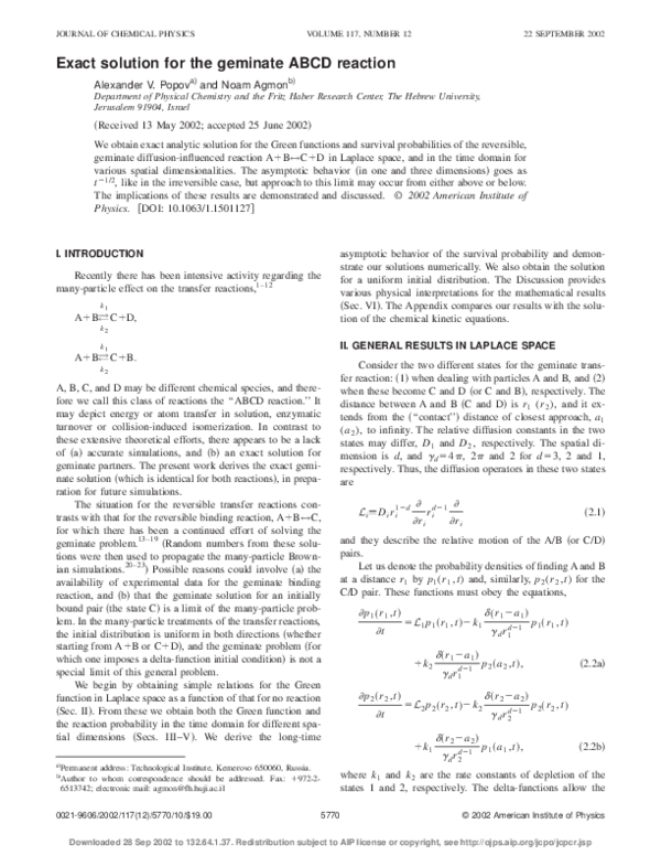 (PDF) Exact solution for the geminate ABCD reaction