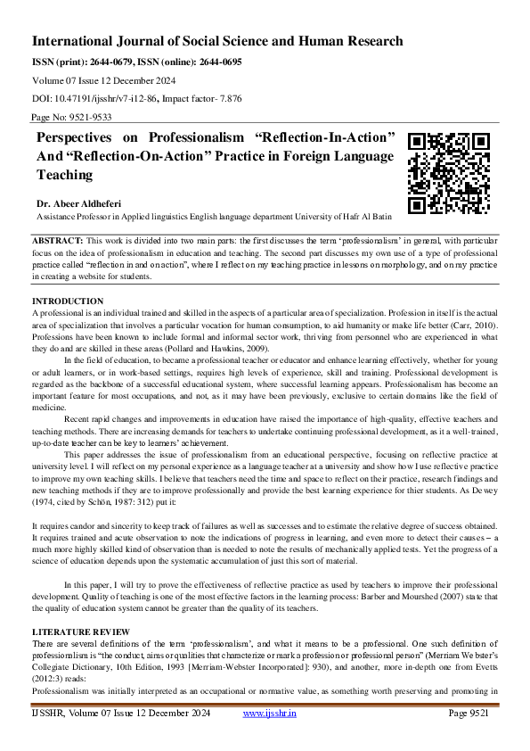(PDF) PERSPECTIVES ON PROFESSIONALISM “Reflection-in-action” and ...