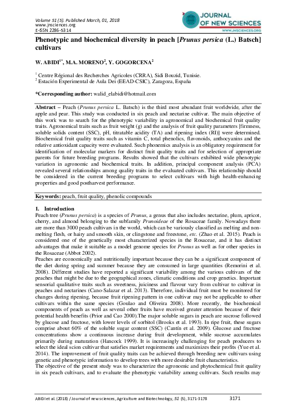 (PDF) Phenotypic and biochemical diversity in peach [ Prunus persica ( L . ) Batsch ] cultivars